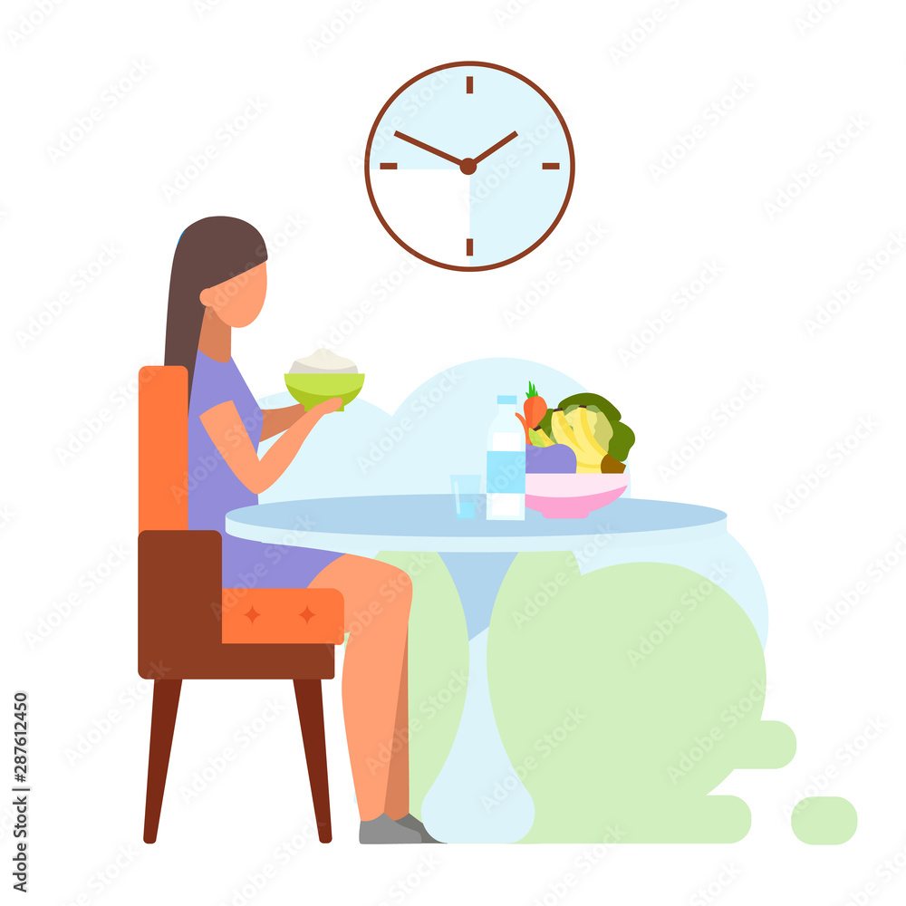 Healthy lunch flat vector illustration. Young girl eating dairy ...