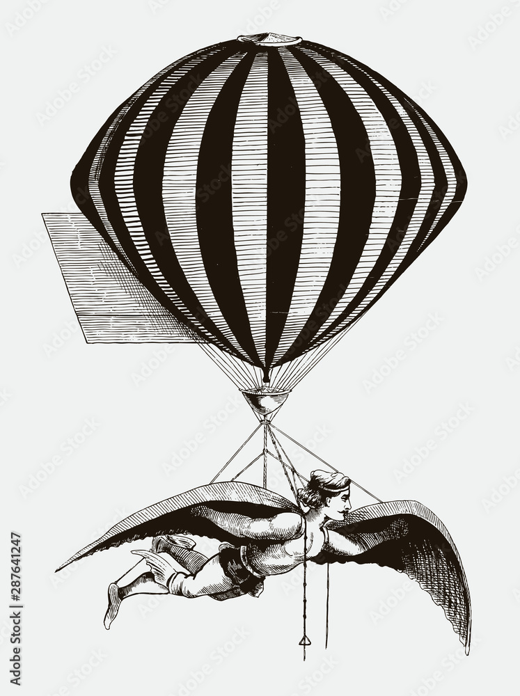 Historical aerialist wearing wings while suspended from a balloon ...