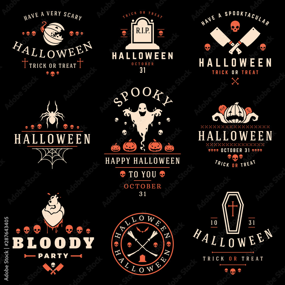 Halloween labels and logos with creepy and spooky symbols design ...