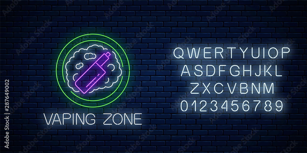 Glowing neon sign of vaping zone with alphabet. Vape kit area symbol. Signboard of smoking place ...