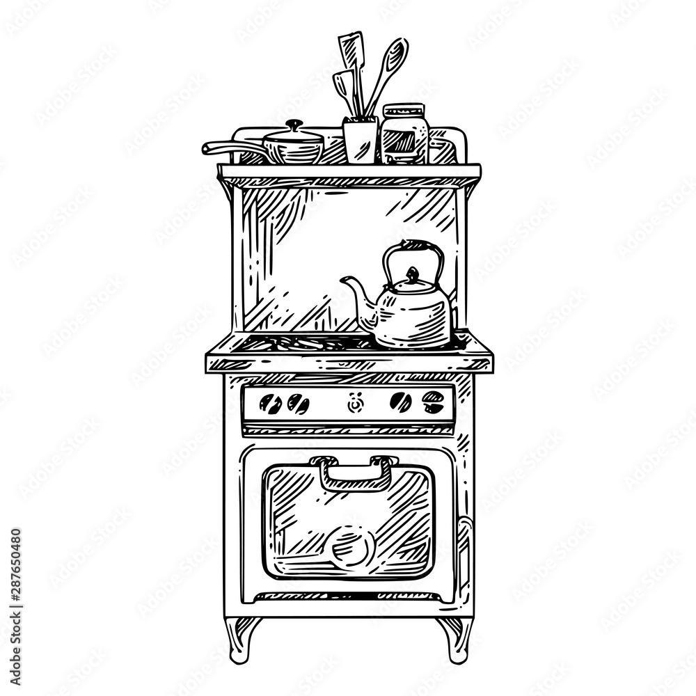 Vintage stove with kettle. Sketch. Engraving style. Vector illustration ...