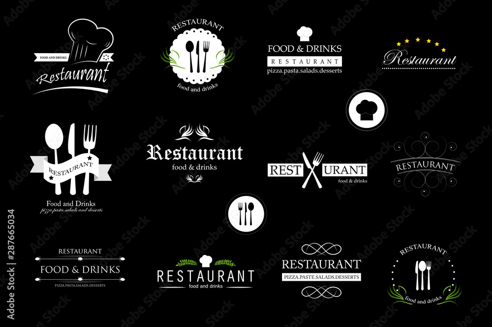 Food And Restaurant Logo Set - Isolated On Black Background. Vector Illustration For Cook, Chef ...