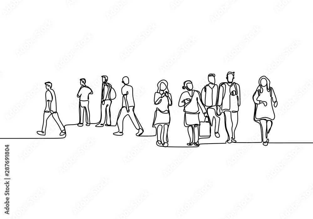 Continuous line drawing of people walking on the street after work time ...