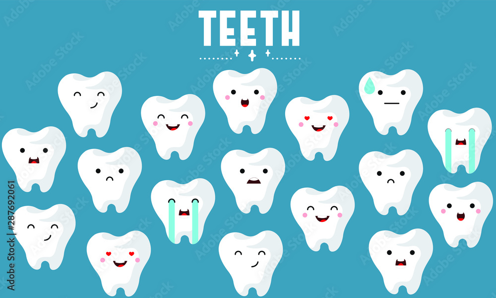 Cute tooth character set with different emotions. Flat design cartoon ...