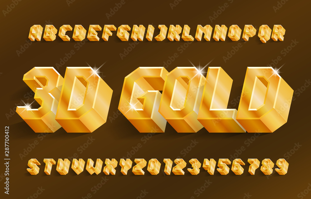 3D gold alphabet font. Golden geometric letters and numbers with shadow ...