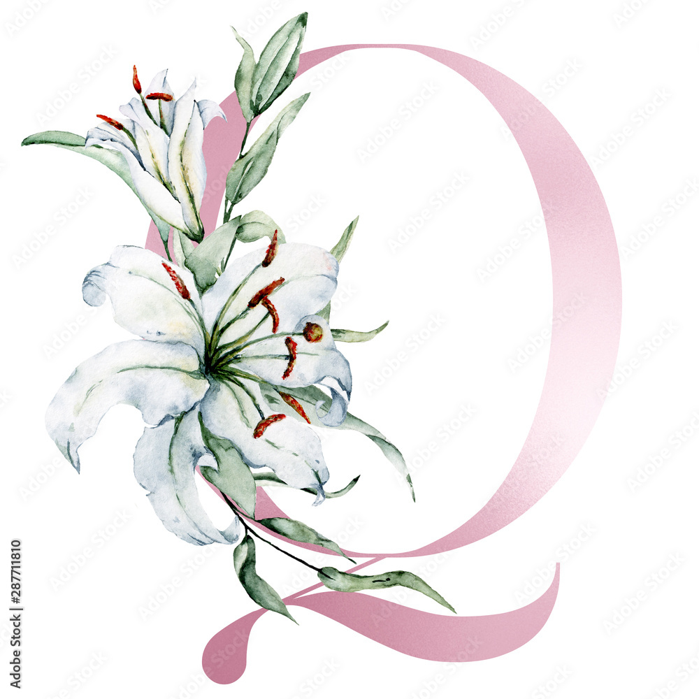 Letter O with watercolor flowers lilies and leaves. Floral alphabet ...