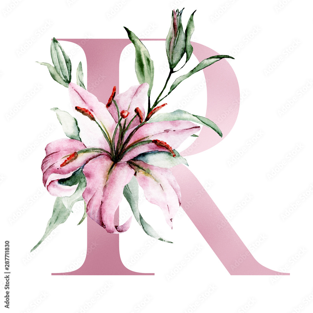 Letter R with watercolor flowers lilies and leaves. Floral alphabet ...