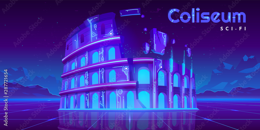 Neon Coliseum on retro sci-fi glowing background in futuristic synth ...