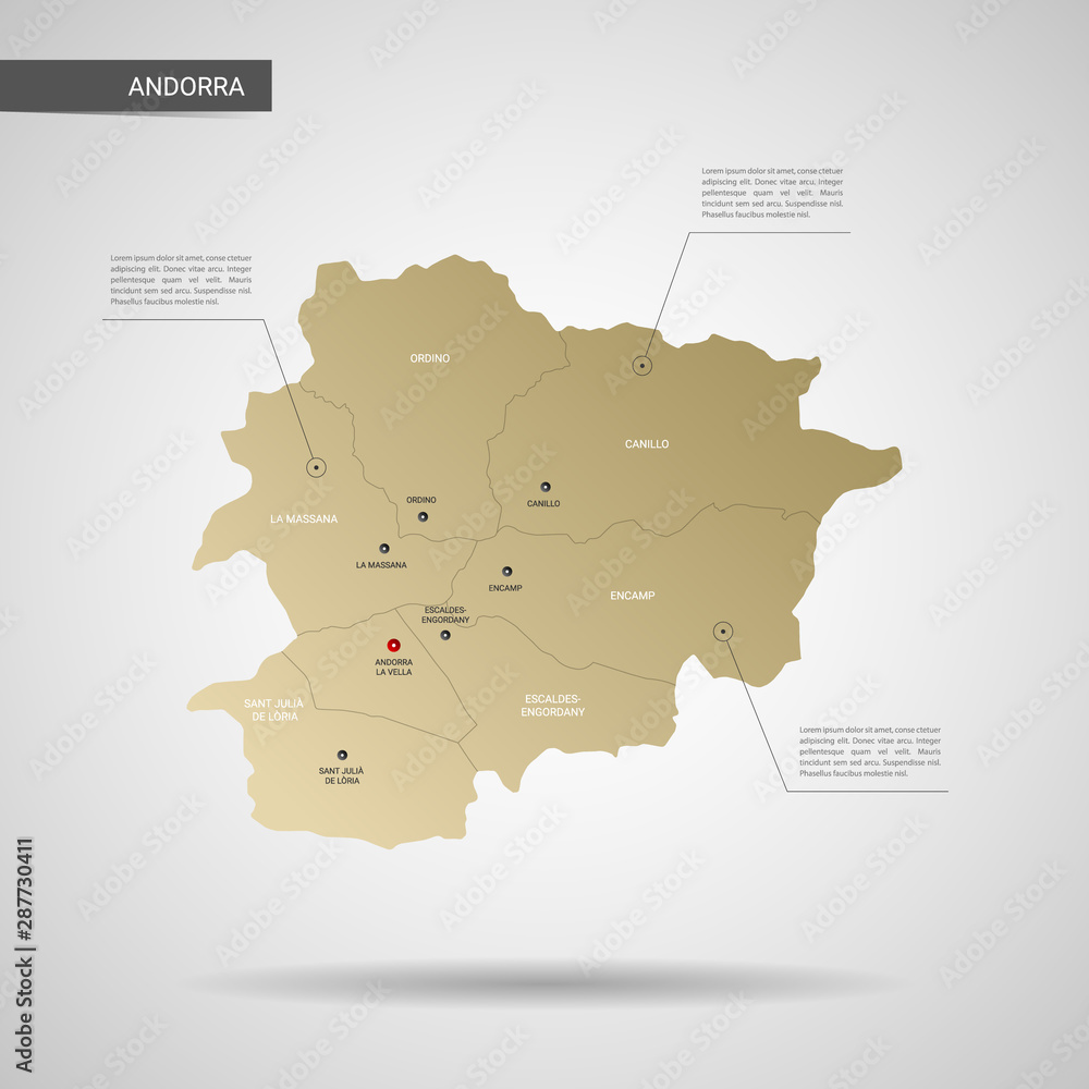 Stylized vector Andorra map. Infographic 3d gold map illustration with ...
