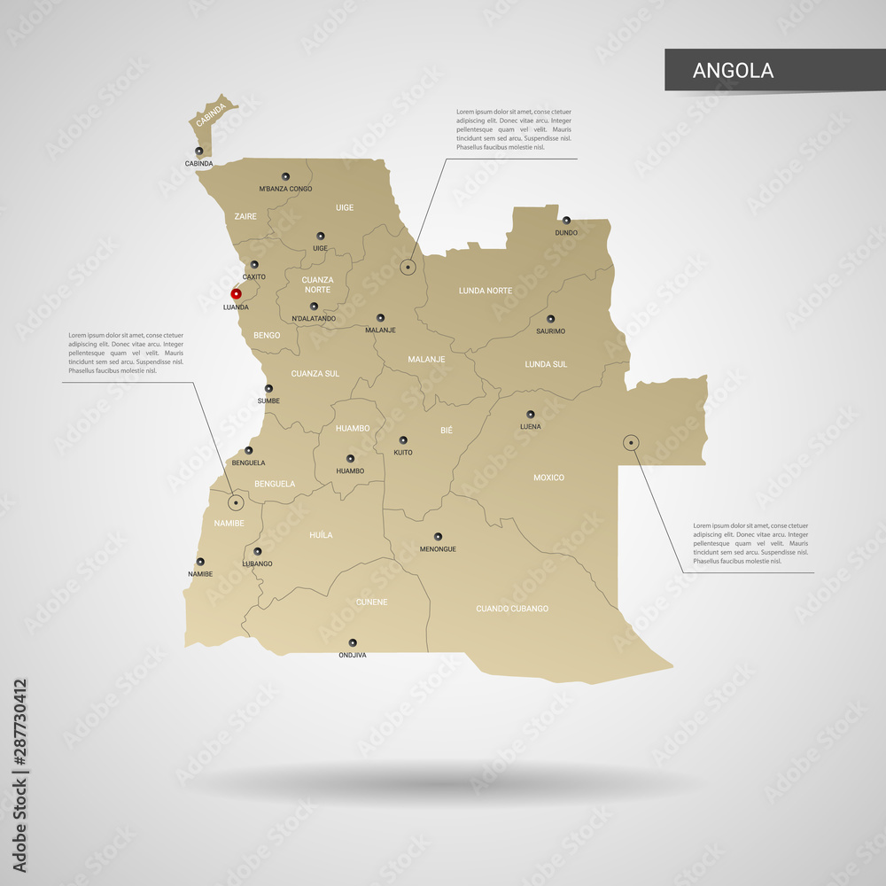 Stylized vector Angola map. Infographic 3d gold map illustration with ...