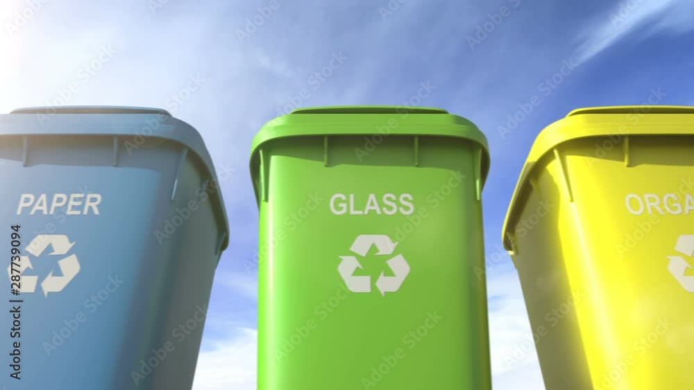 Plastic garbage bins with separate waste type label and recycle logo ...