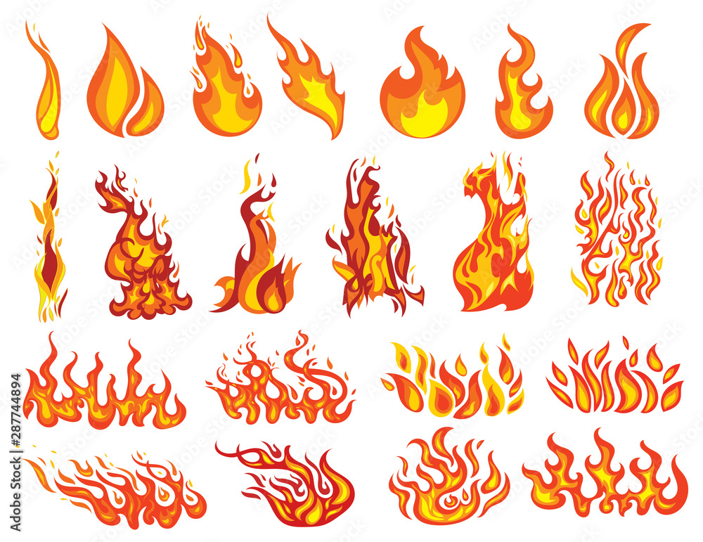 Set of fires. Collection of fire walls. Illustration of a burning strip ...
