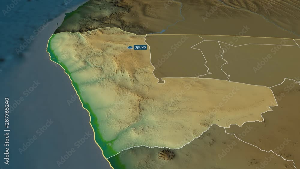 Kunene - region of Namibia with its capital zoomed on the physical map ...