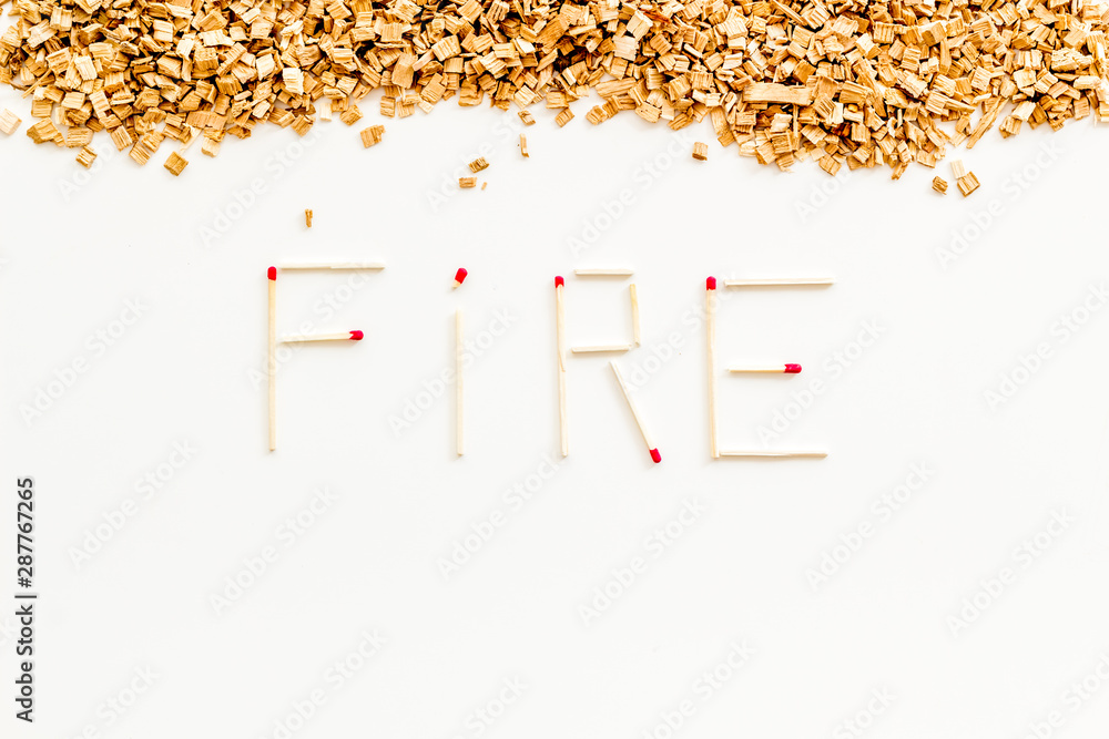 Symbol of fire in woods with fire word from matches and kindling frame ...