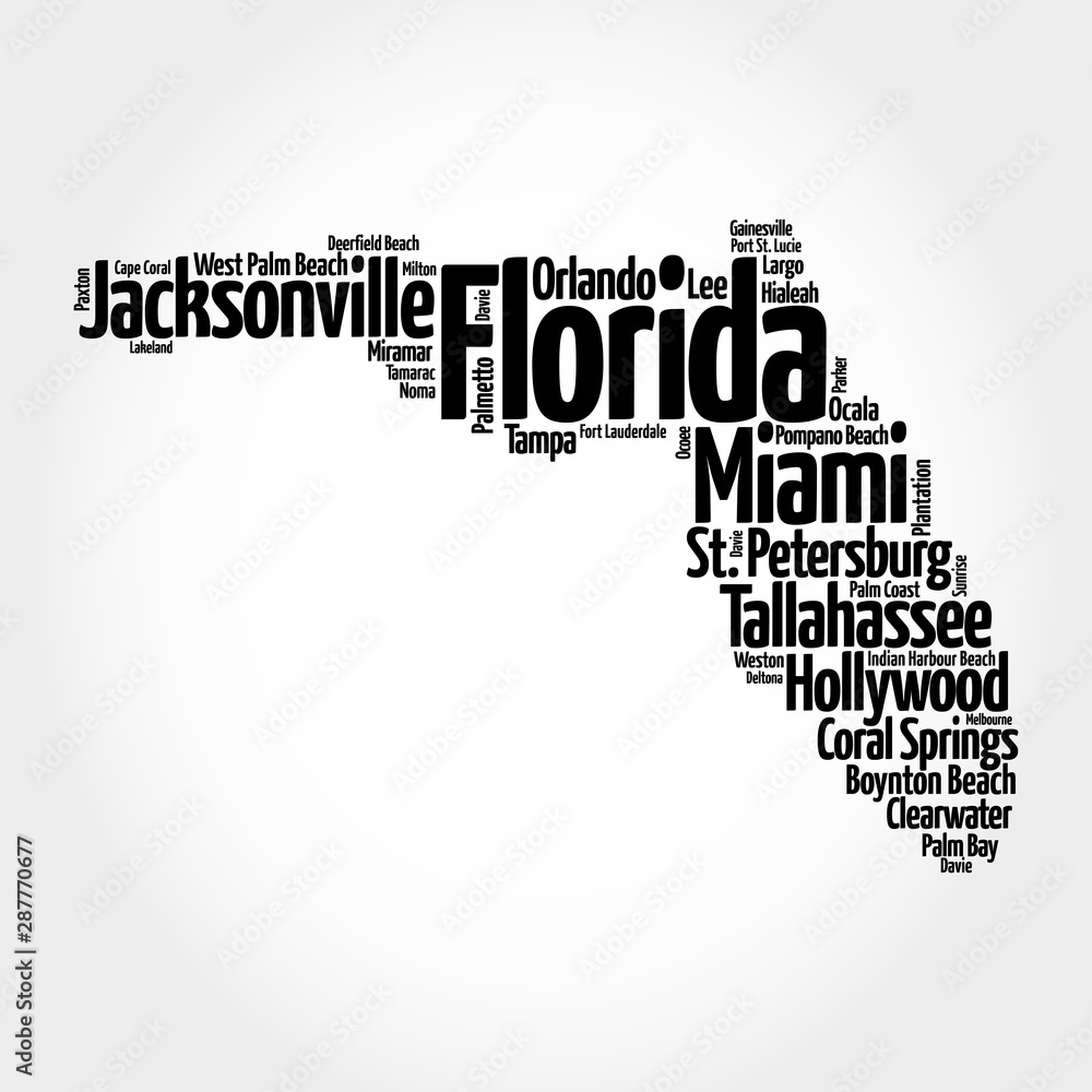 List of cities in Florida USA state, map silhouette word cloud map ...