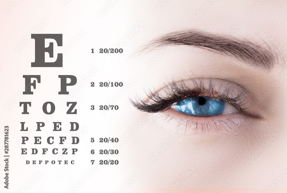 Human female eye close-up, human eyesight check, alphabet diagram Stock ...