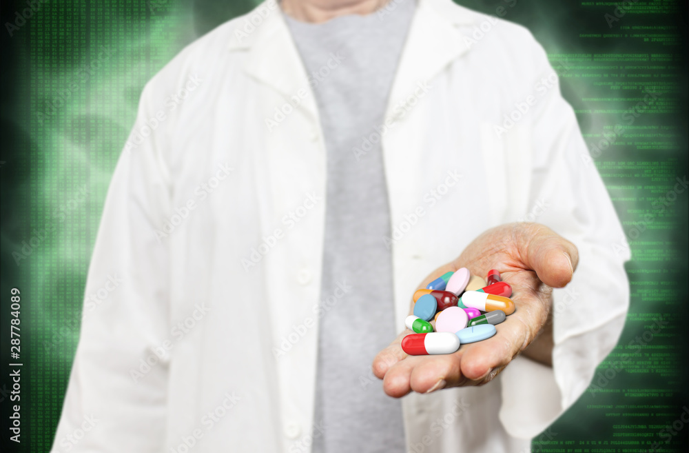 Old doctor holding pills, capsules and medics on a blurred green ...
