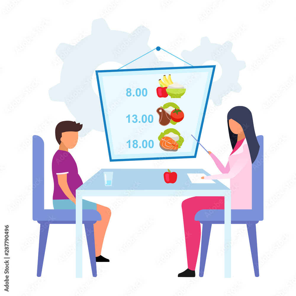 Planning meals for kid flat vector illustration. Female doctor ...
