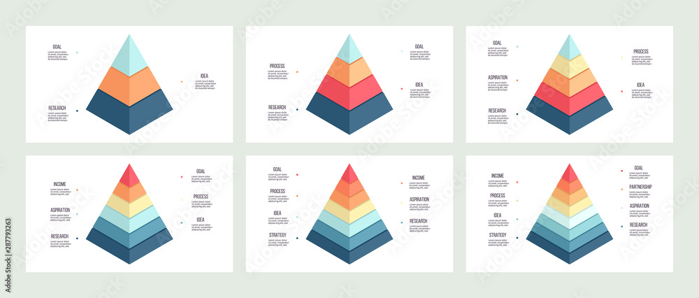 Business infographics. Pyramid charts with 3, 4, 5, 6, 7, 8 steps ...