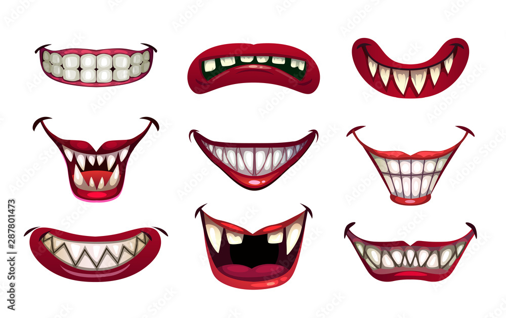Creepy clown mouths set. Scary smile with jaws and red lips. Stock ...
