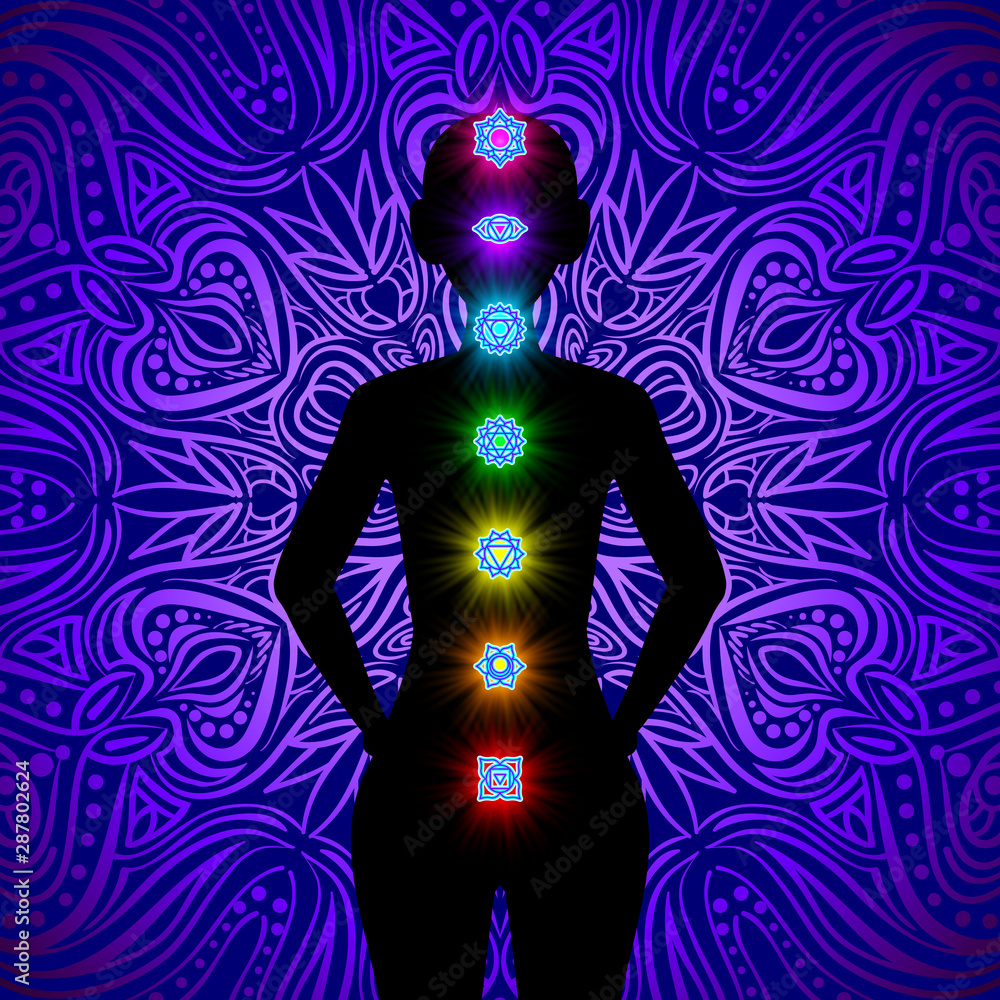 Seven chakras points, energy body. Yoga meditation. Location of ...