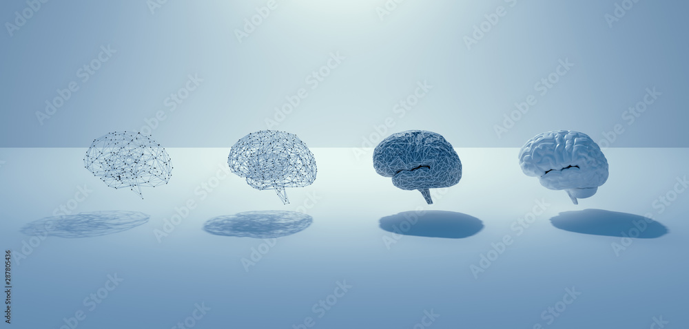 3d render of AI build step to human Brain , 4 brains, grid brain to ...