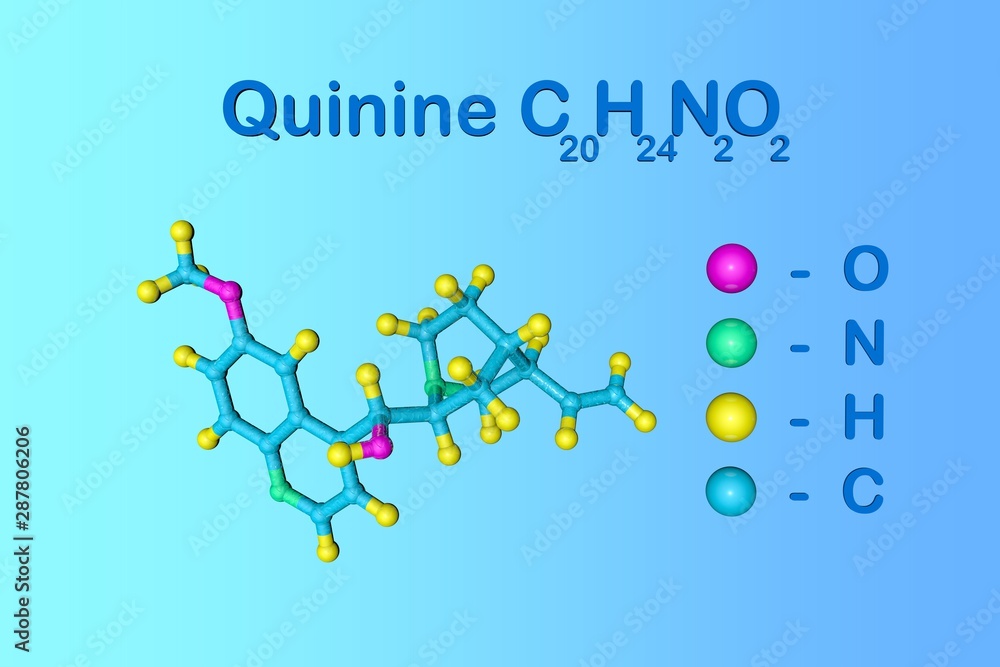 Structural chemical formula and molecular model of quinine. It is a ...