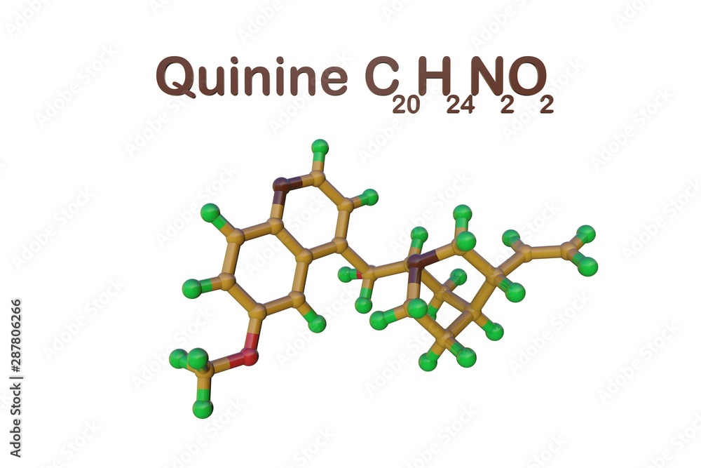Structural chemical formula and molecular model of quinine. It is a ...