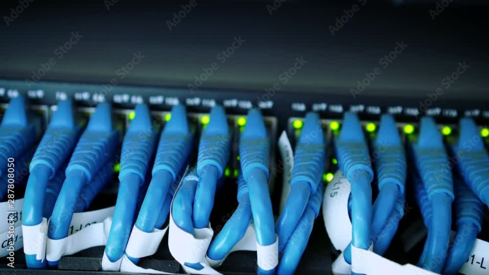 Server rack with blue internet fiber optic cables connected to patch ...