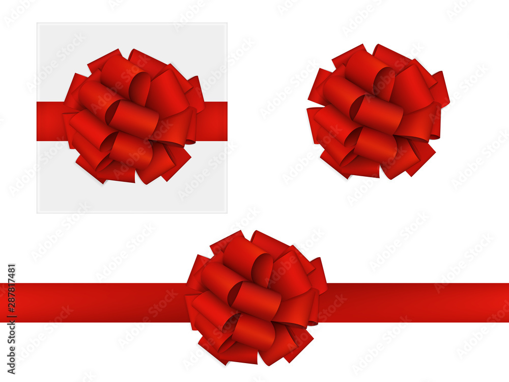 Vector realistic red bow made of ribbon. Gift, top view. Isolated on ...