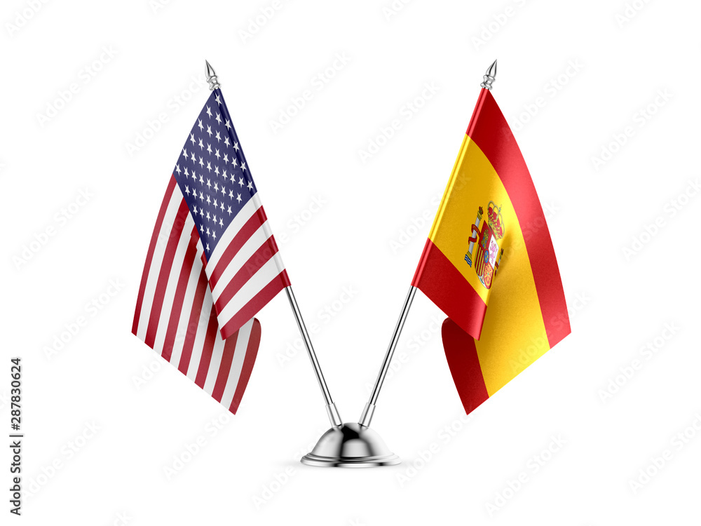 Desk flags, United States America and Spain, isolated on white ...