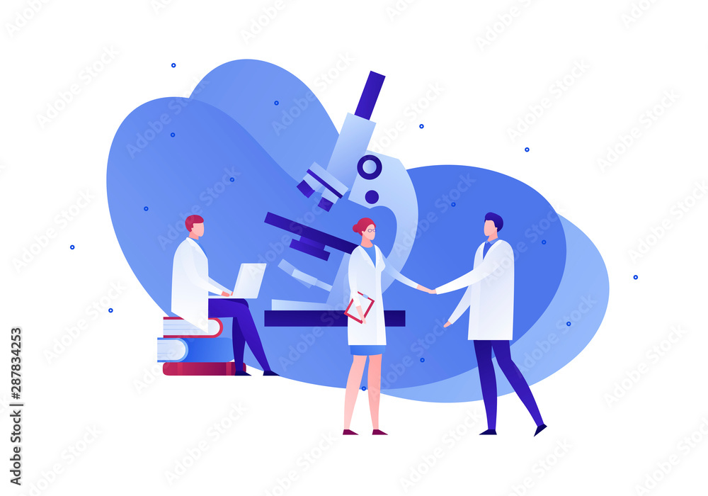 Vector flat medical science character illustration. Scientist team with ...