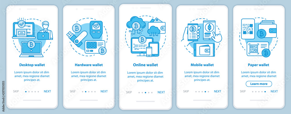 Cryptocurrency wallets types onboarding mobile app page screen with ...