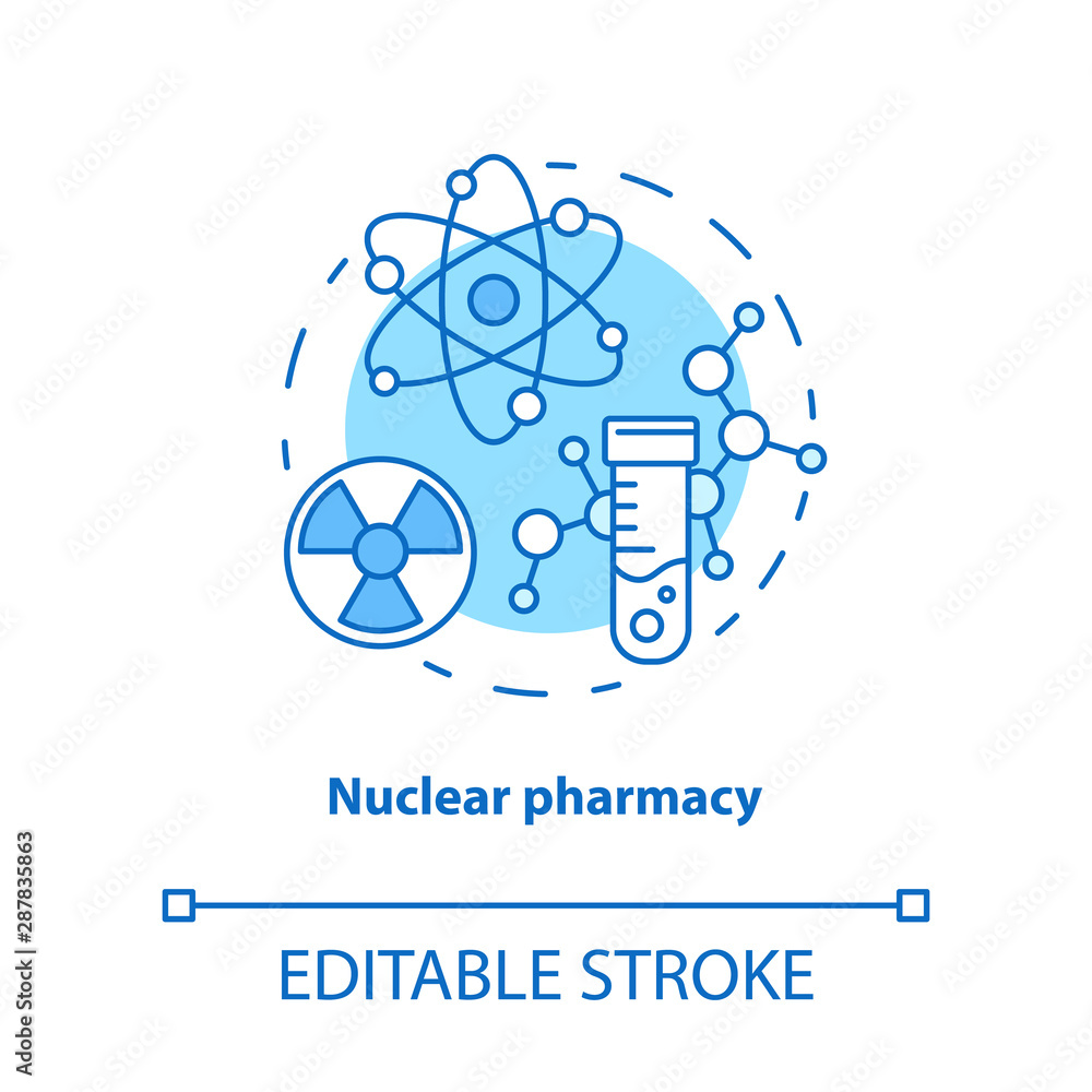 Pharmacy concept icon. Nuclear medication idea thin line illustration. Radioactive element ...