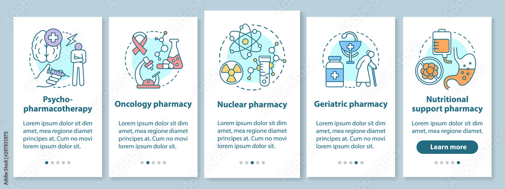 Pharmacy branch onboarding mobile app page screen with linear concepts ...