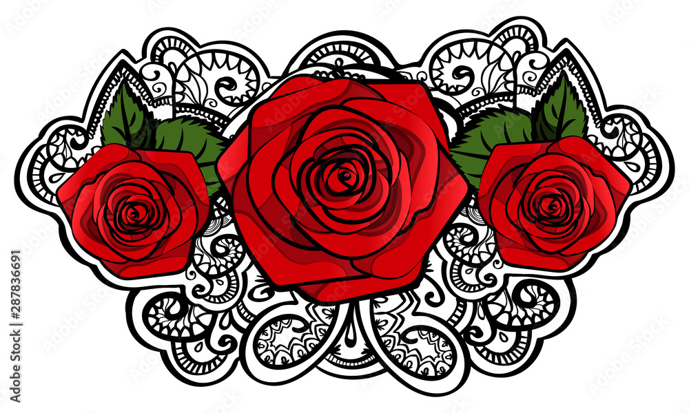 beautiful red roses composition with leafs and tracery doodle , black ...