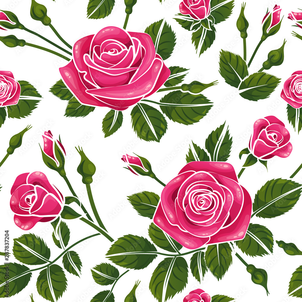 Beautiful roses pattern tile seamless repeat texture with leafs and ...