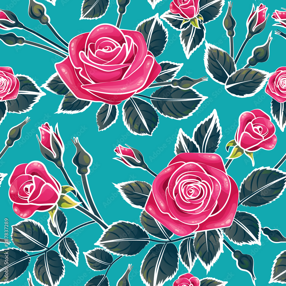 Beautiful roses pattern tile seamless repeat texture with leafs and ...