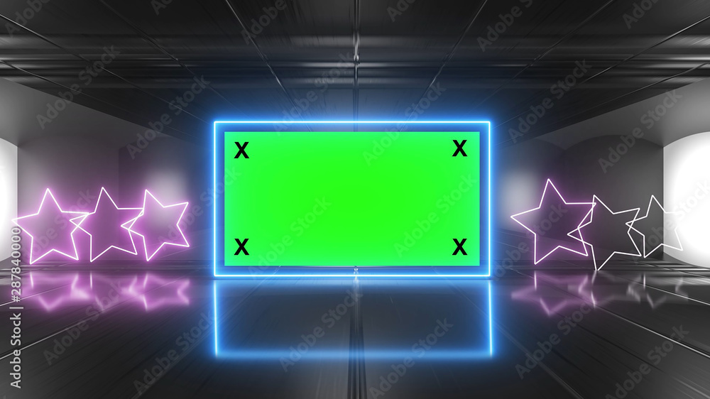 Futuristic blank, neon green screen billboard, border, frame on ...