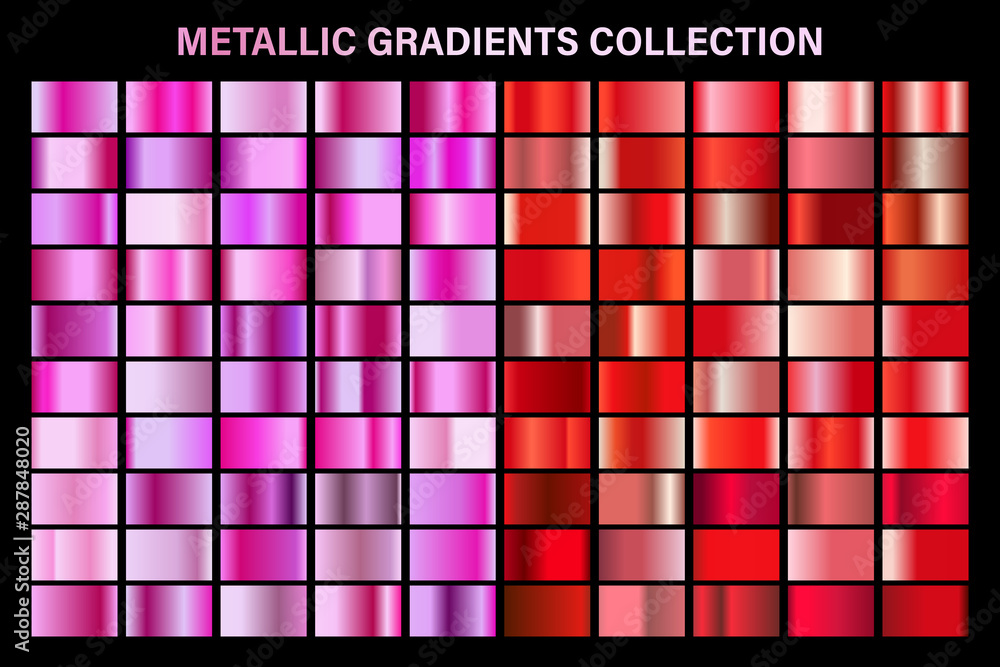 Pink and red ruby glossy gradient, metal foil texture. Color swatch set ...