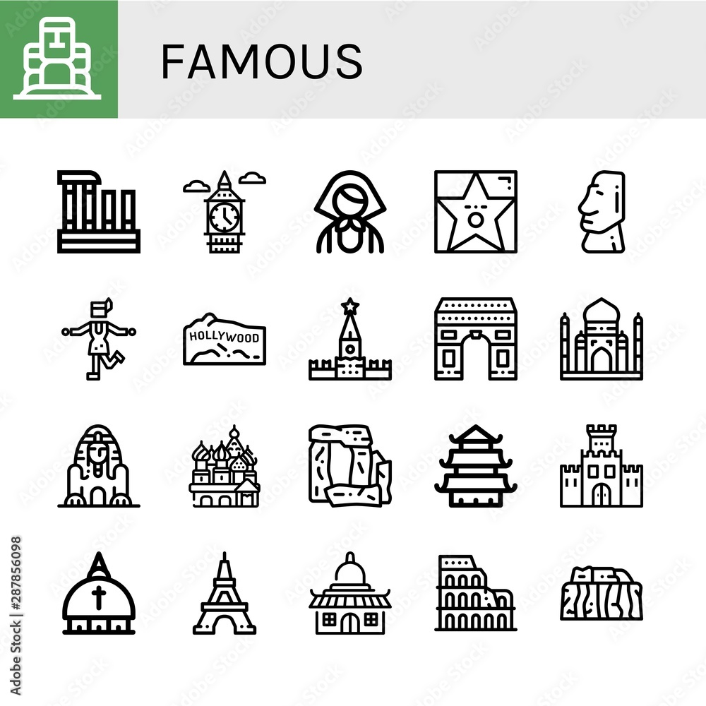 Set of famous icons such as Moai, Evora, Big ben, Russian, Walk of fame ...
