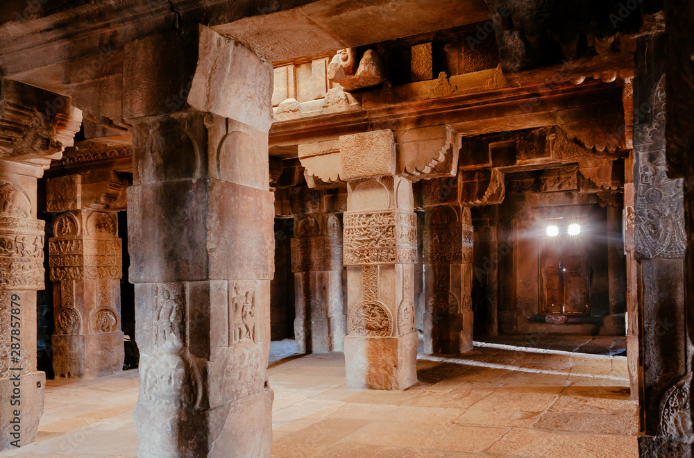 Light in window of the Hindu temple, sacred architecture in Pattadakal ...
