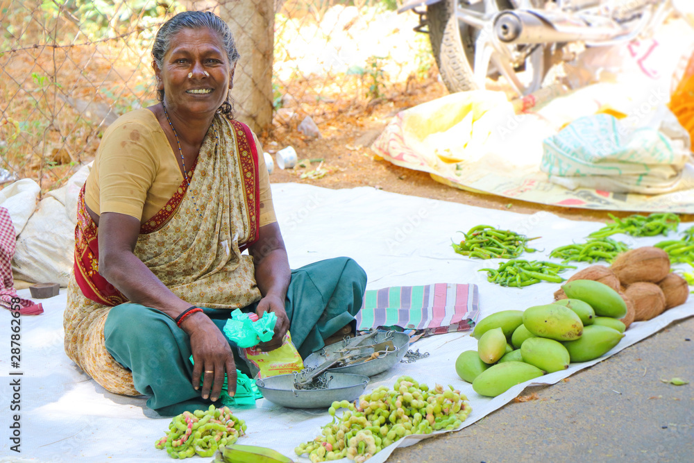 Indian old lady selling the fruits in market Stock Photo | Adobe Stock