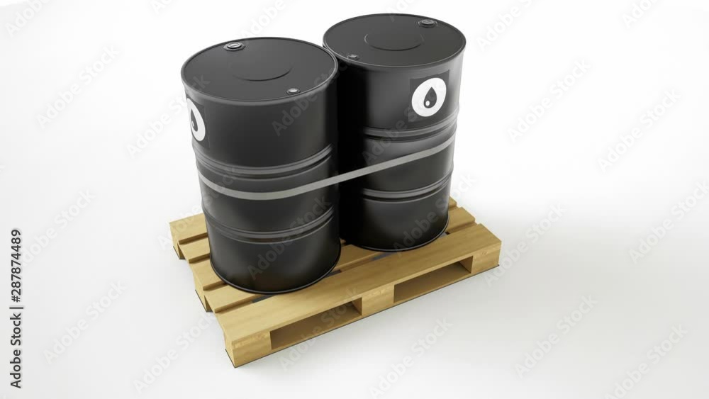 Two metal black barrels with oil symbol located on wooden pallet ...