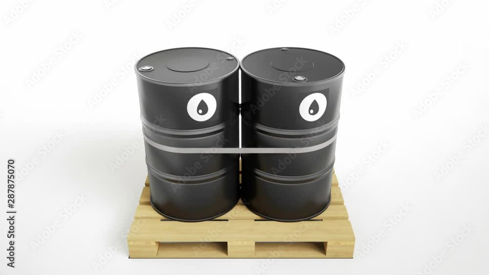 Top view of two metal black barrels with oil symbol located on wooden ...