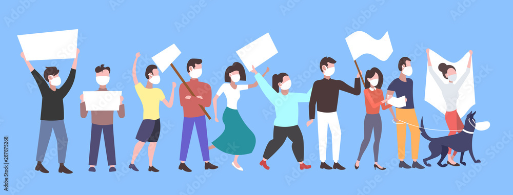 people protesters in face masks holding blank placards protesting ...