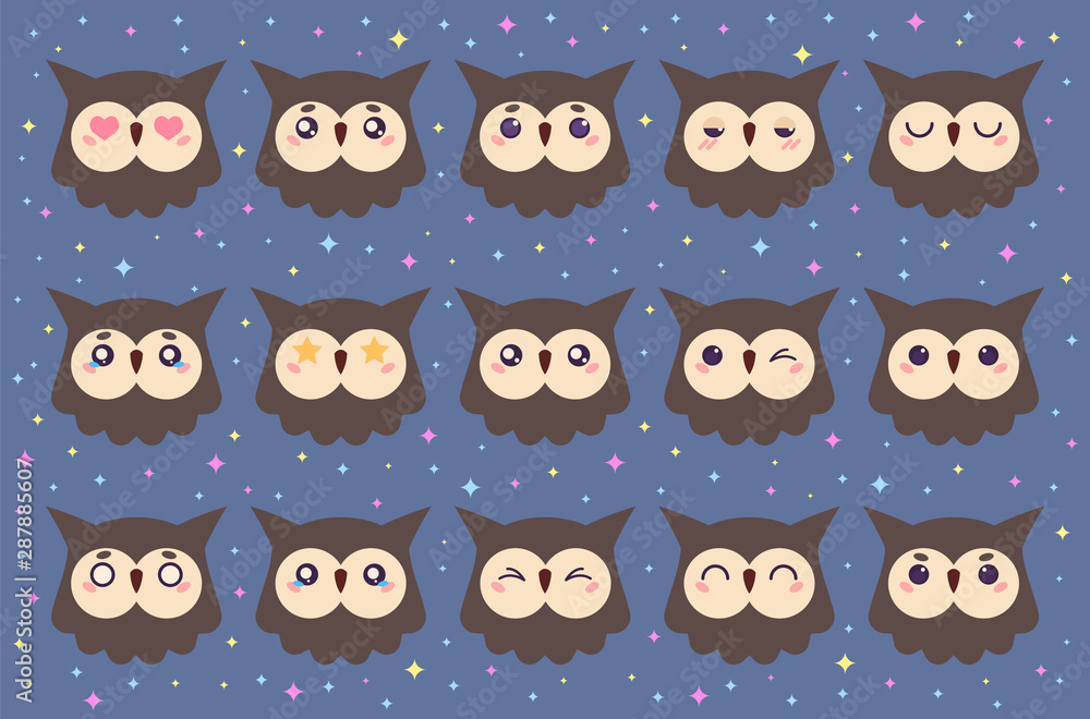 Colorful vector set of cute owl emoticons. Collection isolated funny ...