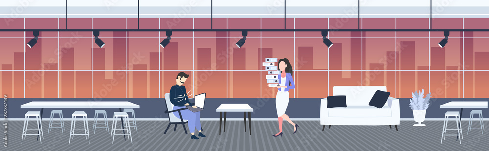 busy obese businessman with fat belly using laptop woman secretary ...