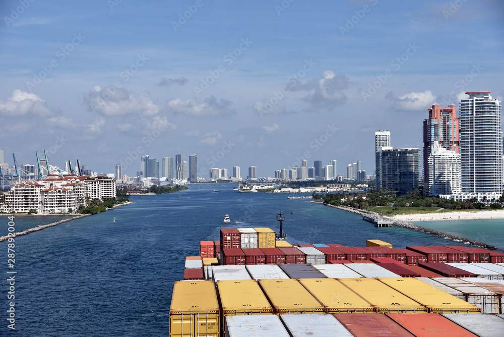 Large cargo container ship entering port of Miami. View from the ...