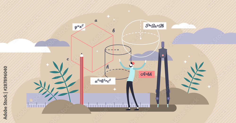 Geometry vector illustration. Flat tiny mathematics study persons ...